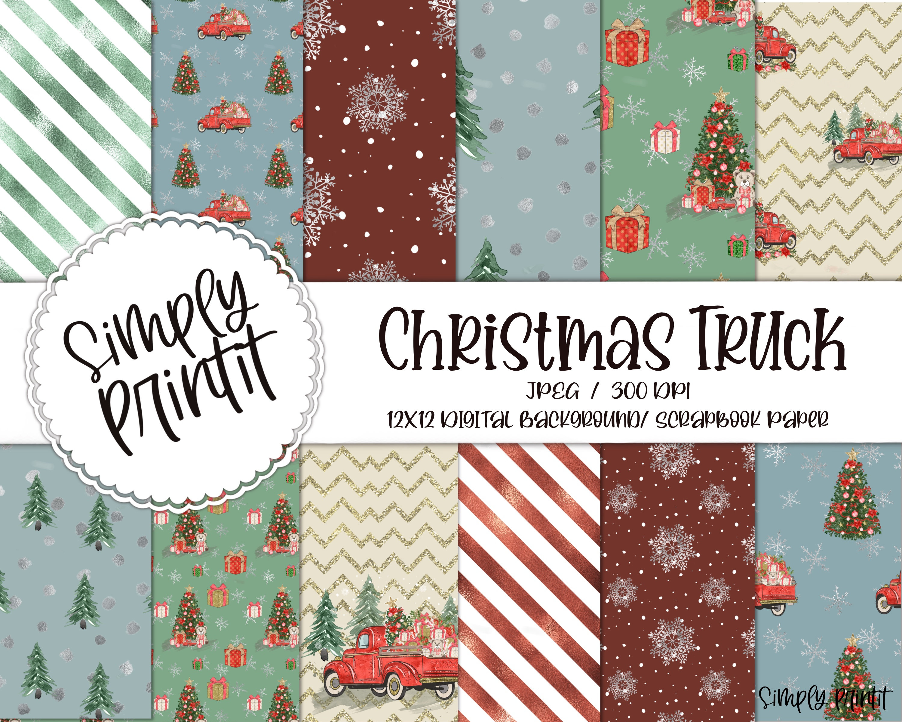 Digital Paper, PRINTABLE Red Truck Printable Scrapbook Paper, Seamless ...