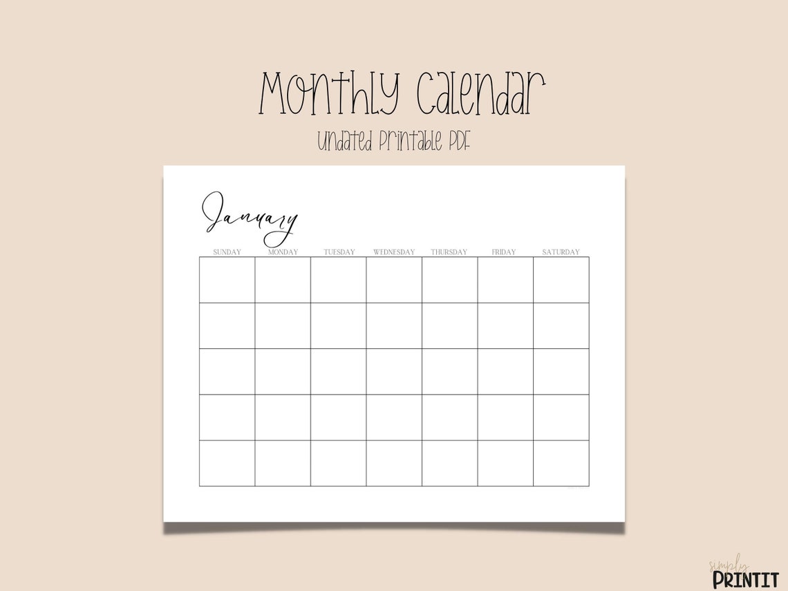 Blank Monthly Calendar, Printable Calendar, Undated Calendar ...