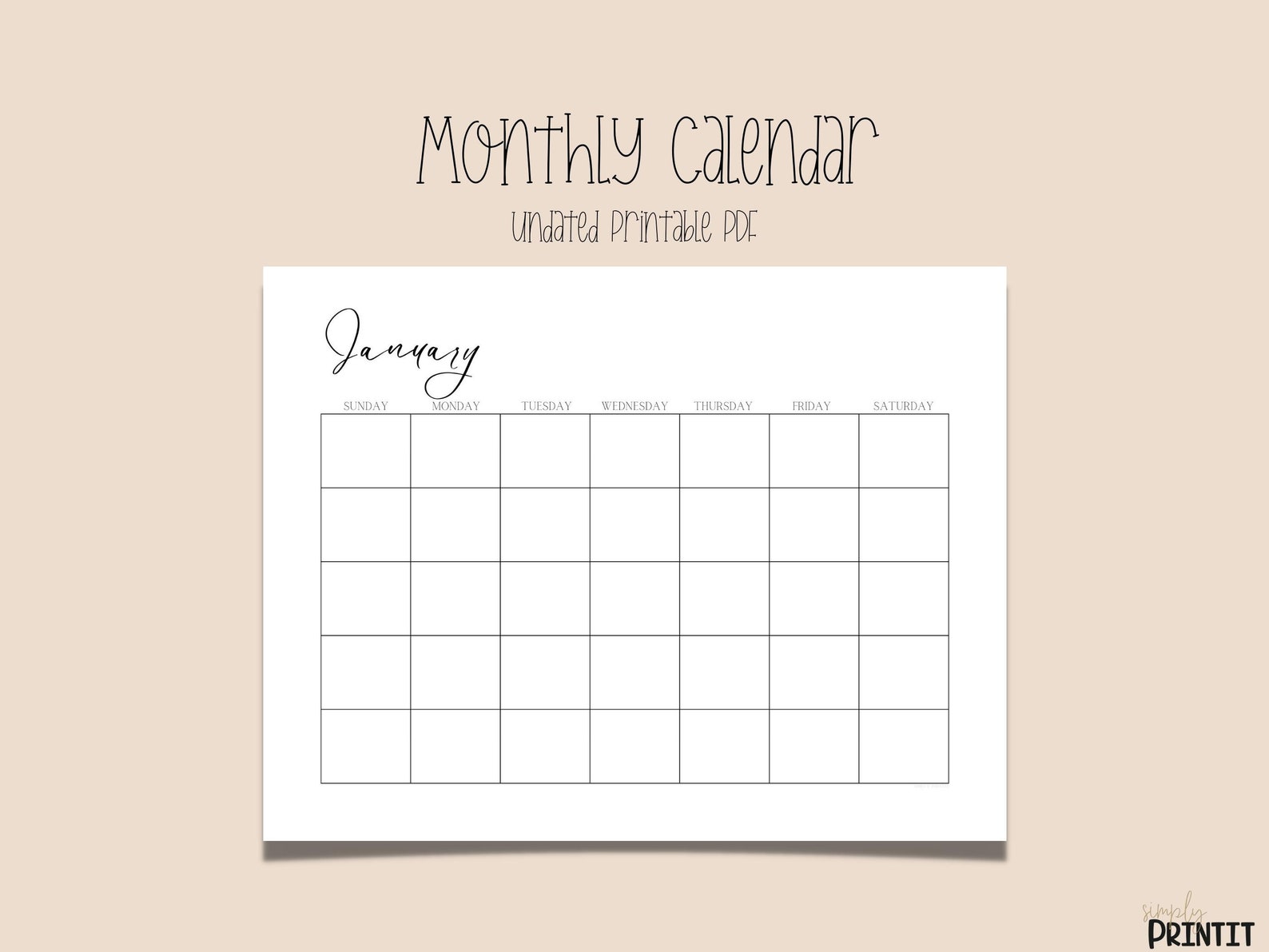 Blank Monthly Calendar, Printable Calendar, Undated Calendar ...
