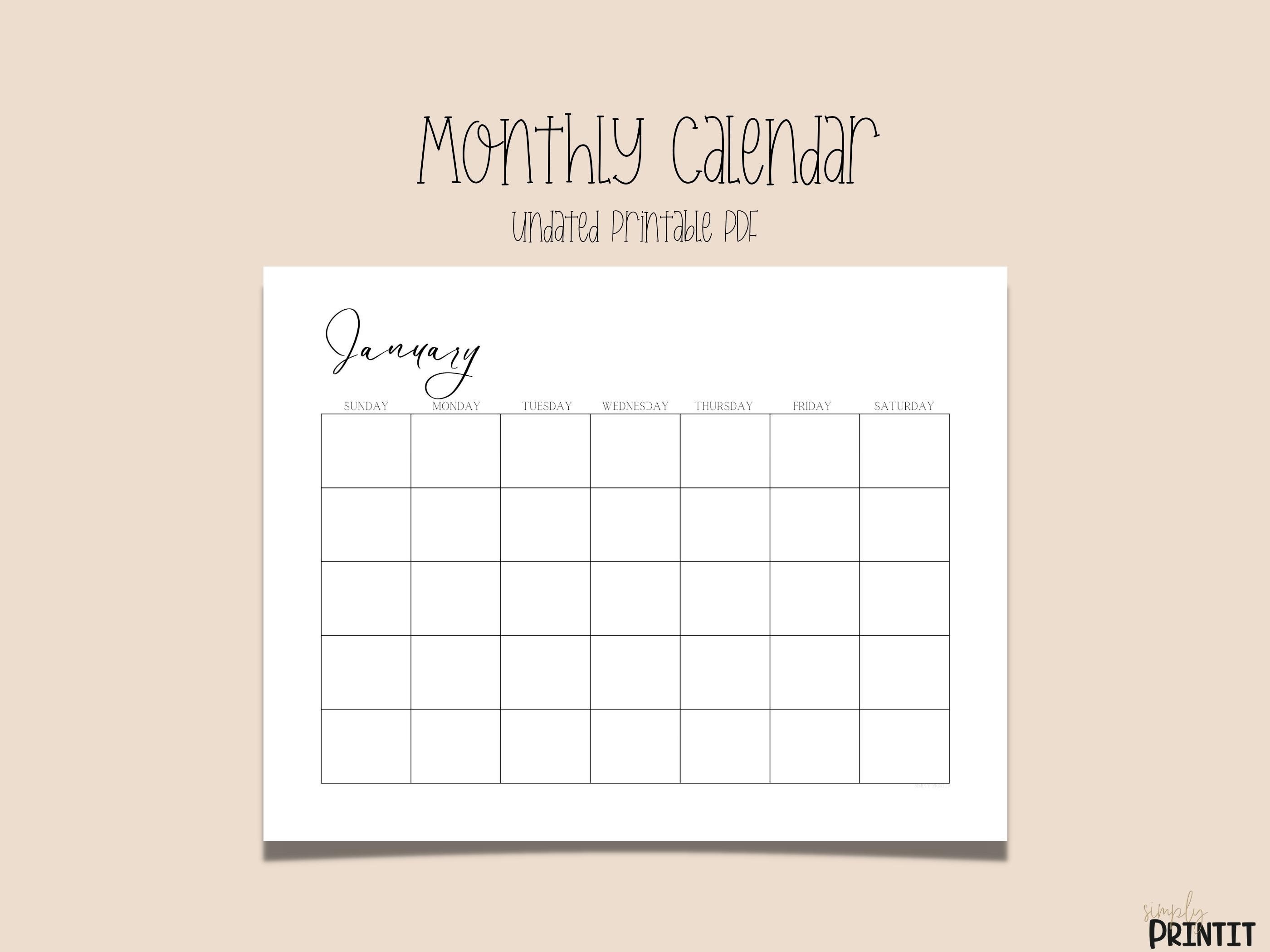 Blank Monthly Calendar, Printable Calendar, Undated Calendar ...