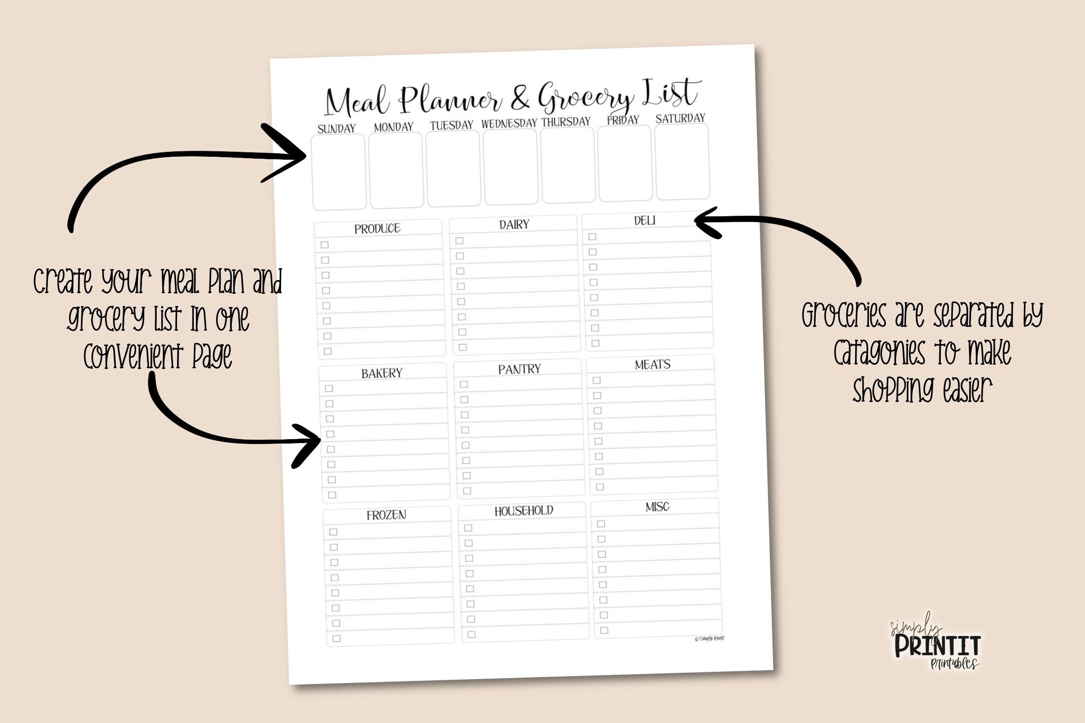 Weekly Food Planner and Groceries List, Meal Planner Printable, Grocery ...