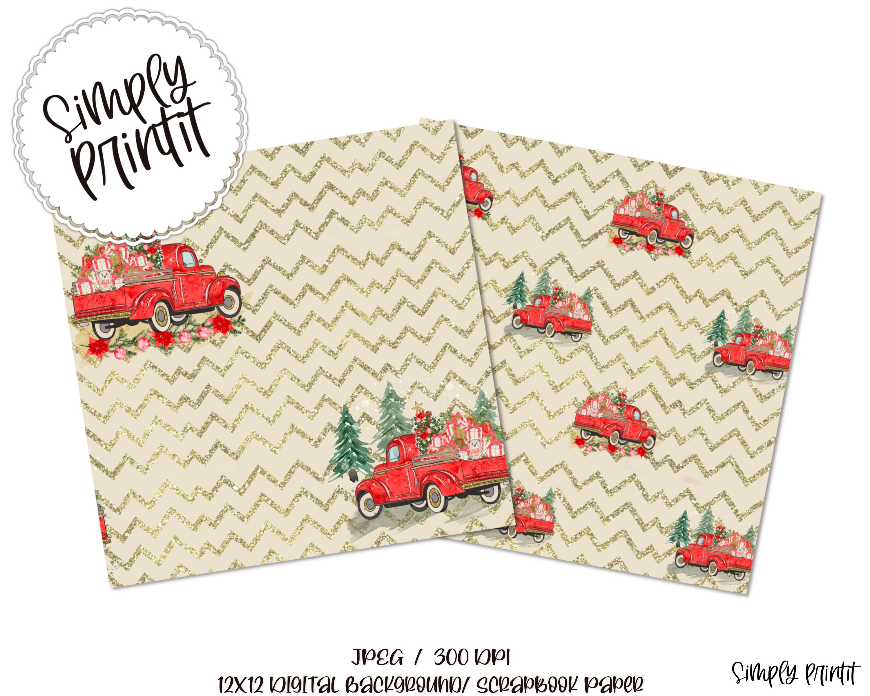 Digital Paper, PRINTABLE Red Truck Printable Scrapbook Paper, Seamless ...