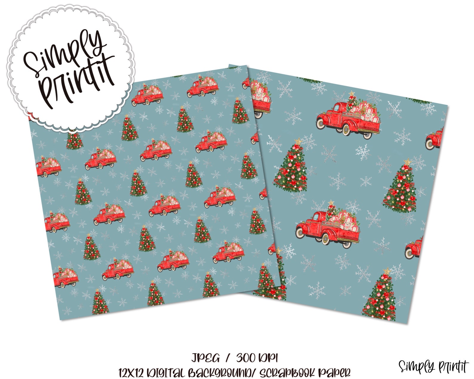 Digital Paper, PRINTABLE Red Truck Printable Scrapbook Paper, Seamless ...