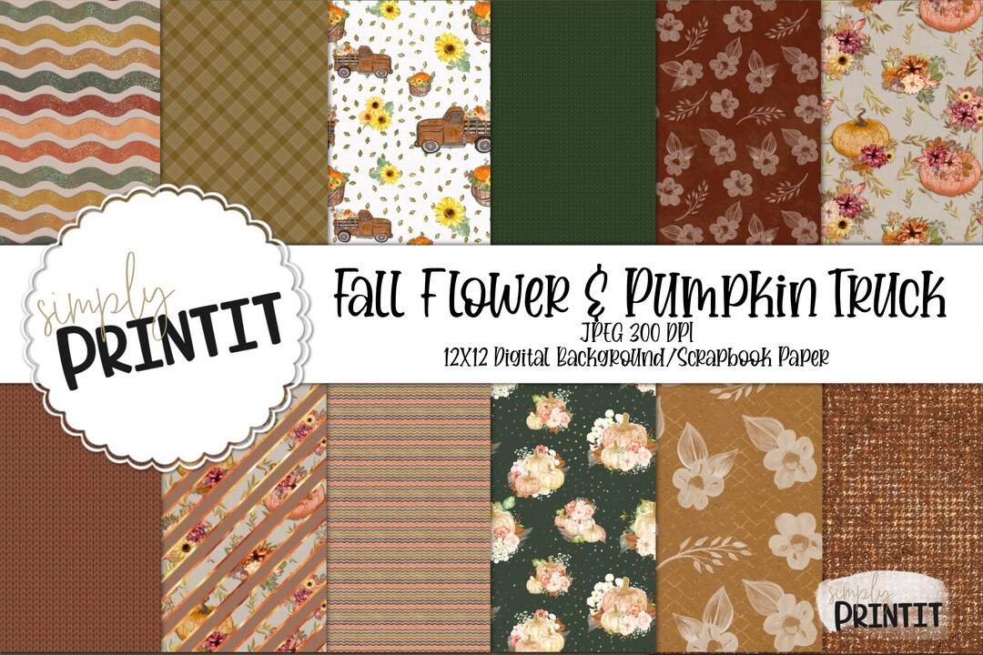 Digital Paper, PRINTABLE Fall Flowers Paper Pack, Pumpkin and Flowers ...