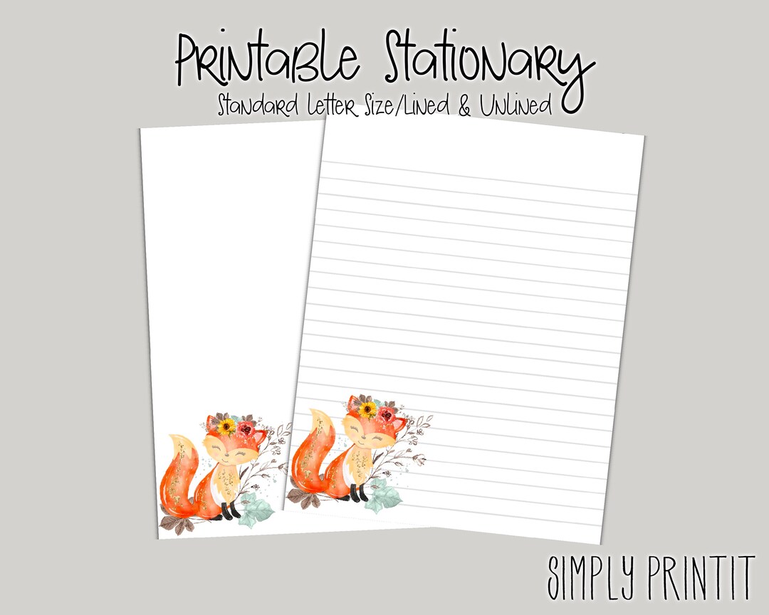 Stationery Paper, Cute Fox Printable Stationary, A4 Stationary, Digital ...