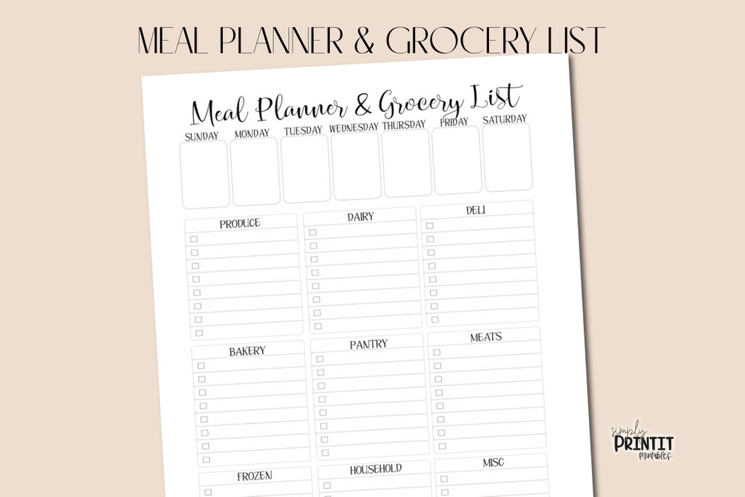 Weekly Food Planner and Groceries List, Meal Planner Printable, Grocery ...