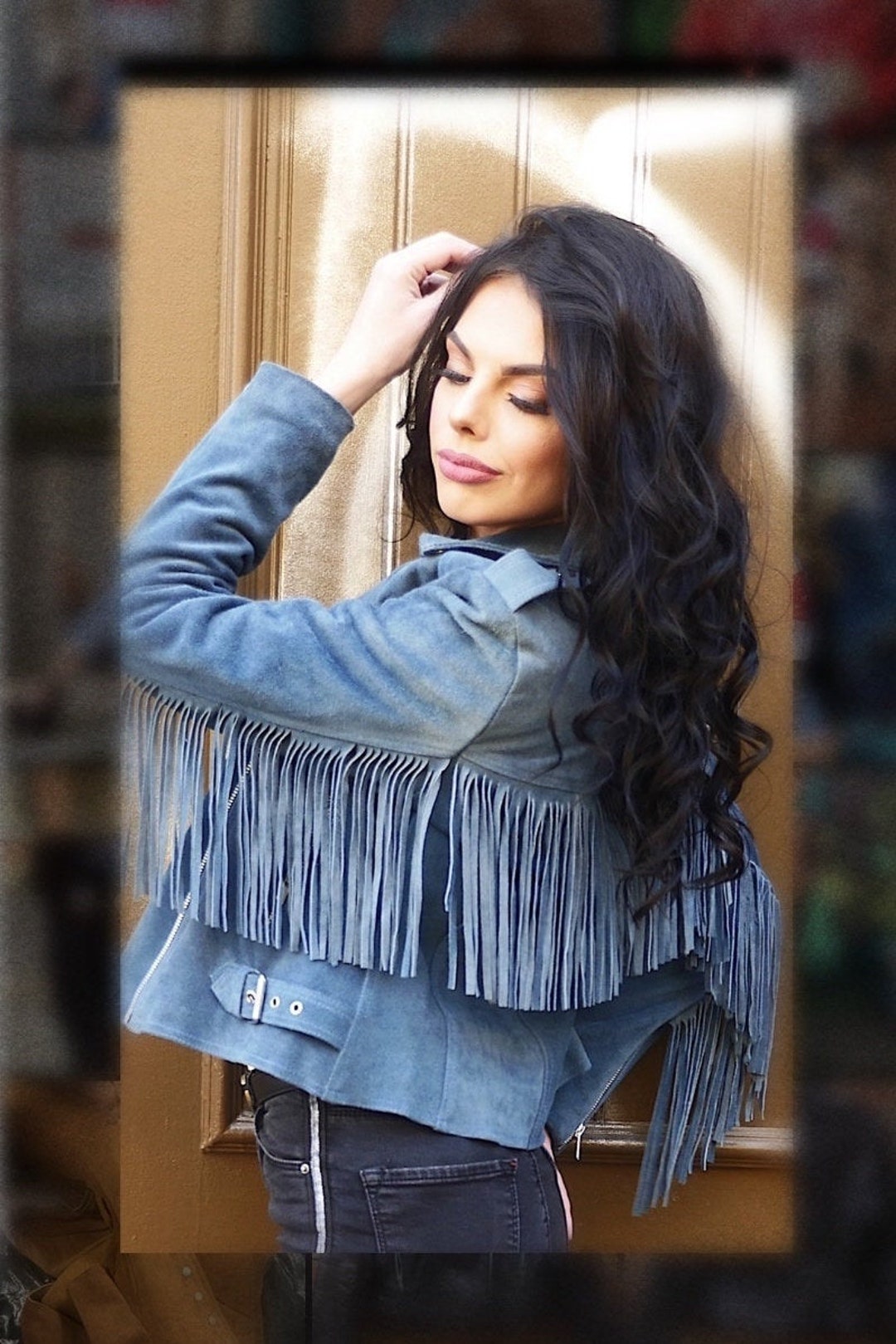 Blue Suede Fringe Biker Jacket - Etsy