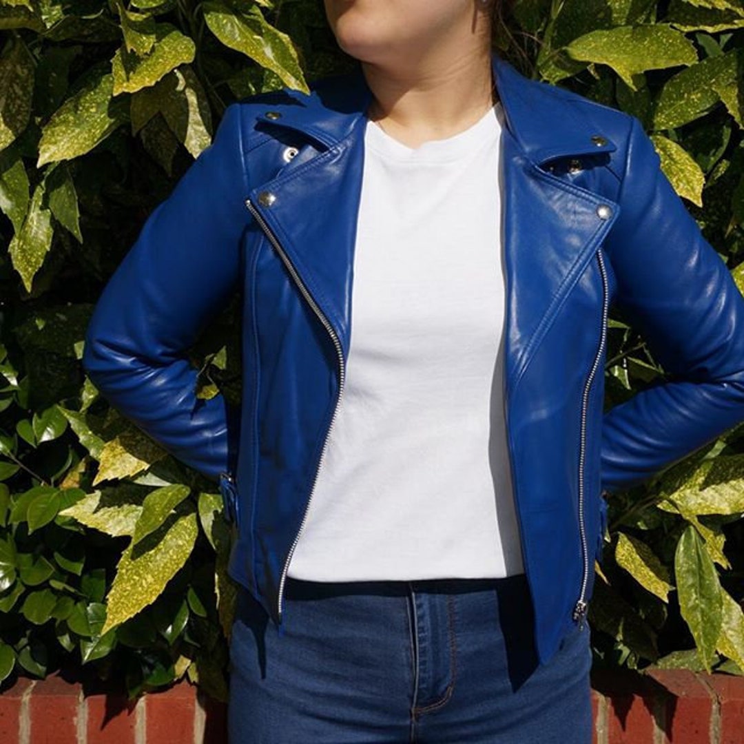 Classic Blue Lambskin Leather Biker Jacket - Etsy