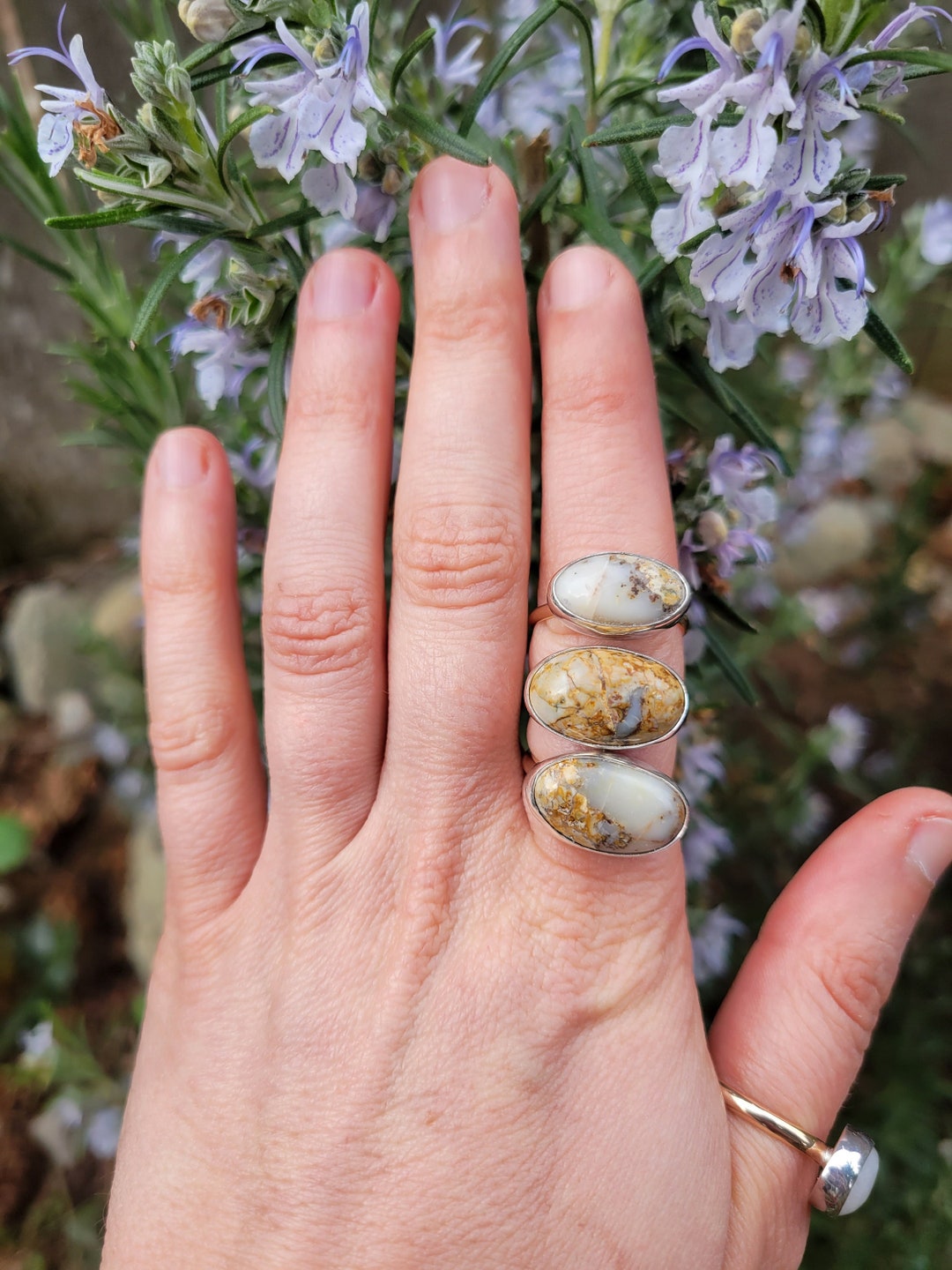 Two-tone East West White Opal Ring, Sterling Silver and 14k Gold-fill ...