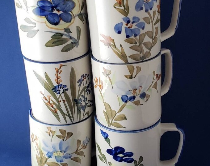 Vintage Chikiang Mug Set, Blue Flowers, Set of 6, Variety of Flowers ...