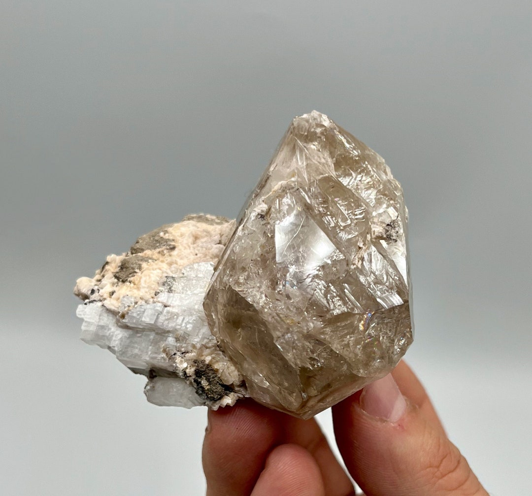 220 G Smoky Skeletal Herkimer Diamond in Calcite Matrix, Rainbows, 100% ...