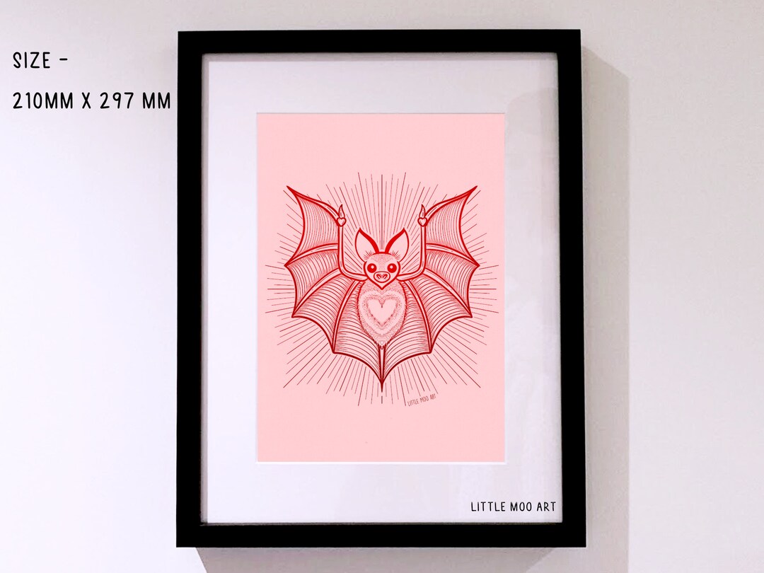 Love Bat Foil Print, A4 Unframed Artwork, Red and Pink Print, Cute ...