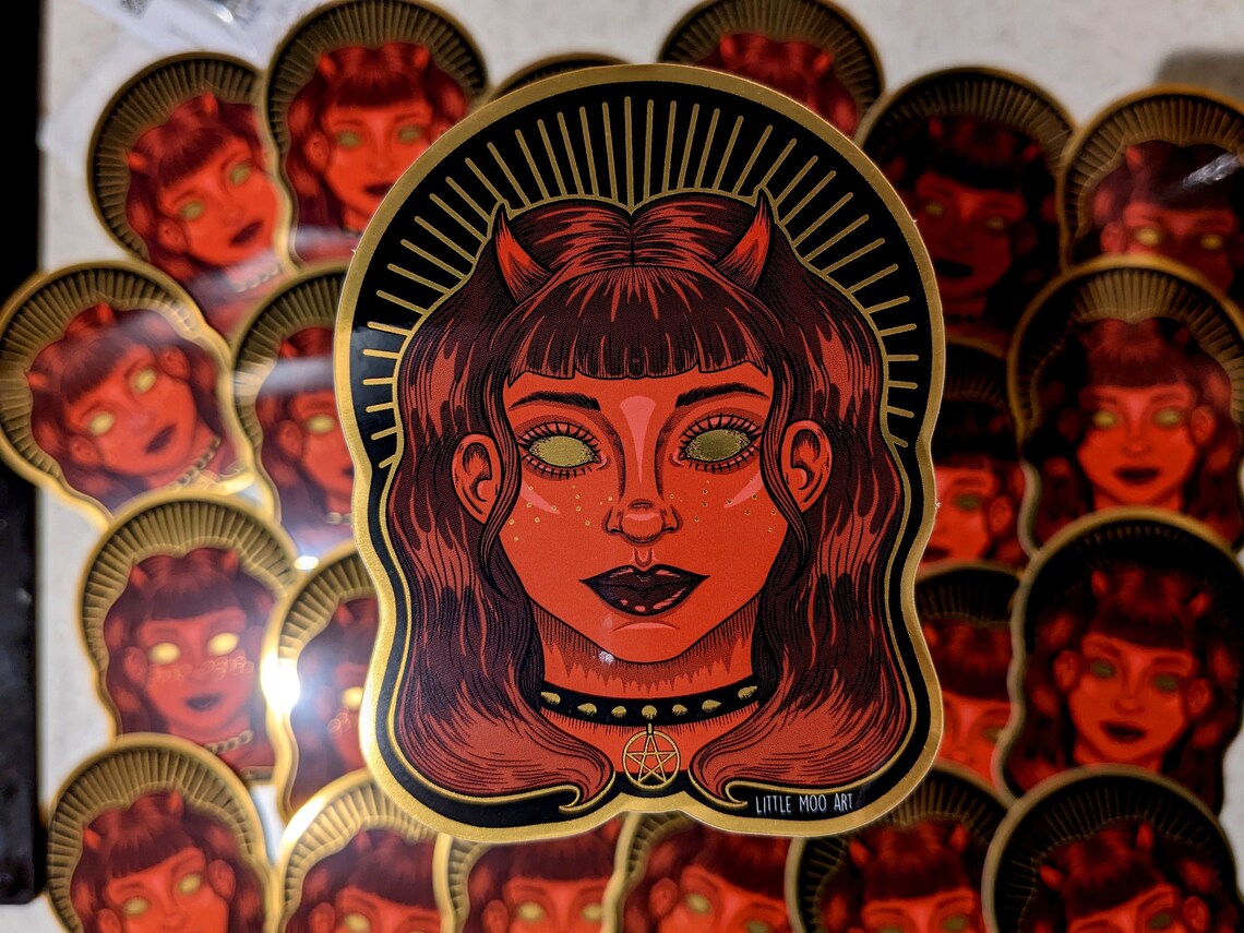 Demon Girl Red and Gold Metallic Vinyl Sticker Devil Tattoo - Etsy