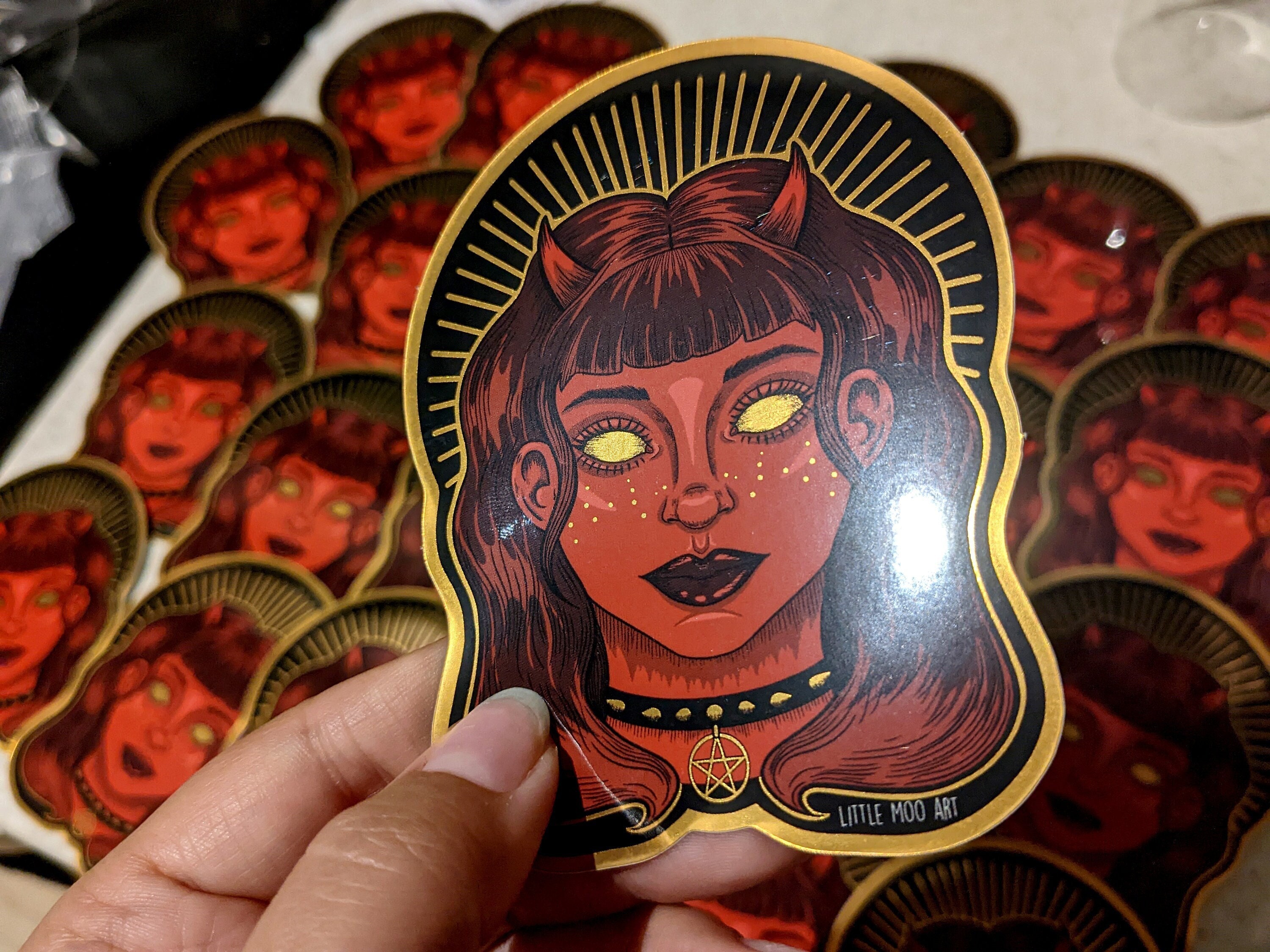 Demon Girl Red and Gold Metallic Vinyl Sticker, Devil Tattoo Style ...
