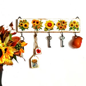 Wooden Key Holder for a Wall With Sunflowers, Recycling Wood Floral ...