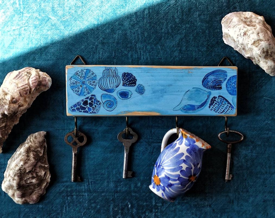 Blue Wooden Key Holder for a Wall With Sea Shell, Sea Cottage Key Rack ...