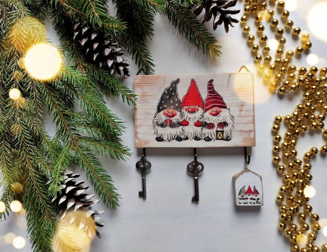 Wooden Key Holder for a Wall With Christmas Gnomes, Small Christmas Key ...