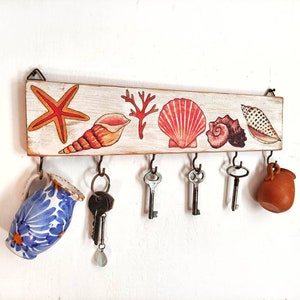 Long Wooden Key Holder for a Wall With Sea Shells, Sea Cottage Key Rack ...