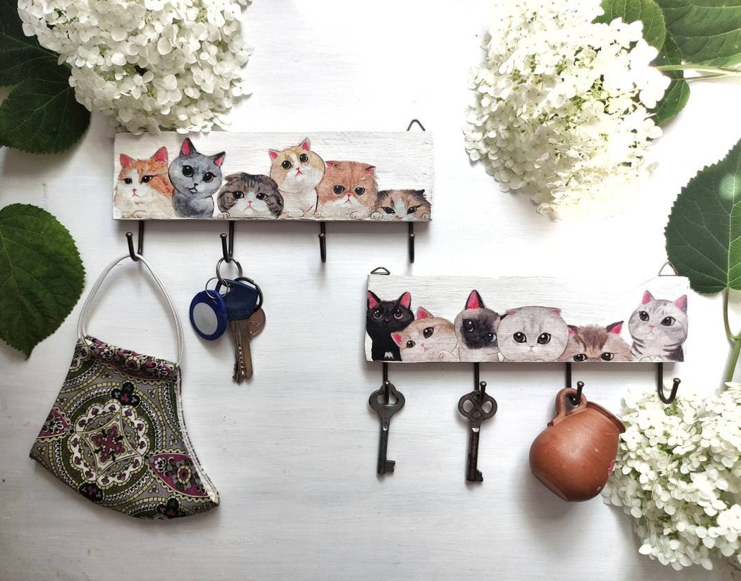 Key Holder for a Wall With Cats, Cat's Decorations, Wooden Cats Holder ...