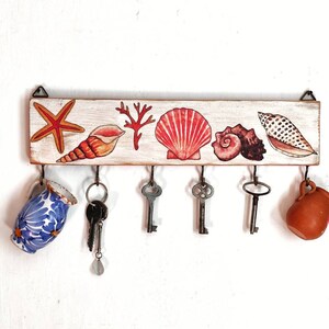 Long Wooden Key Holder for a Wall With Sea Shells, Sea Cottage Key Rack ...