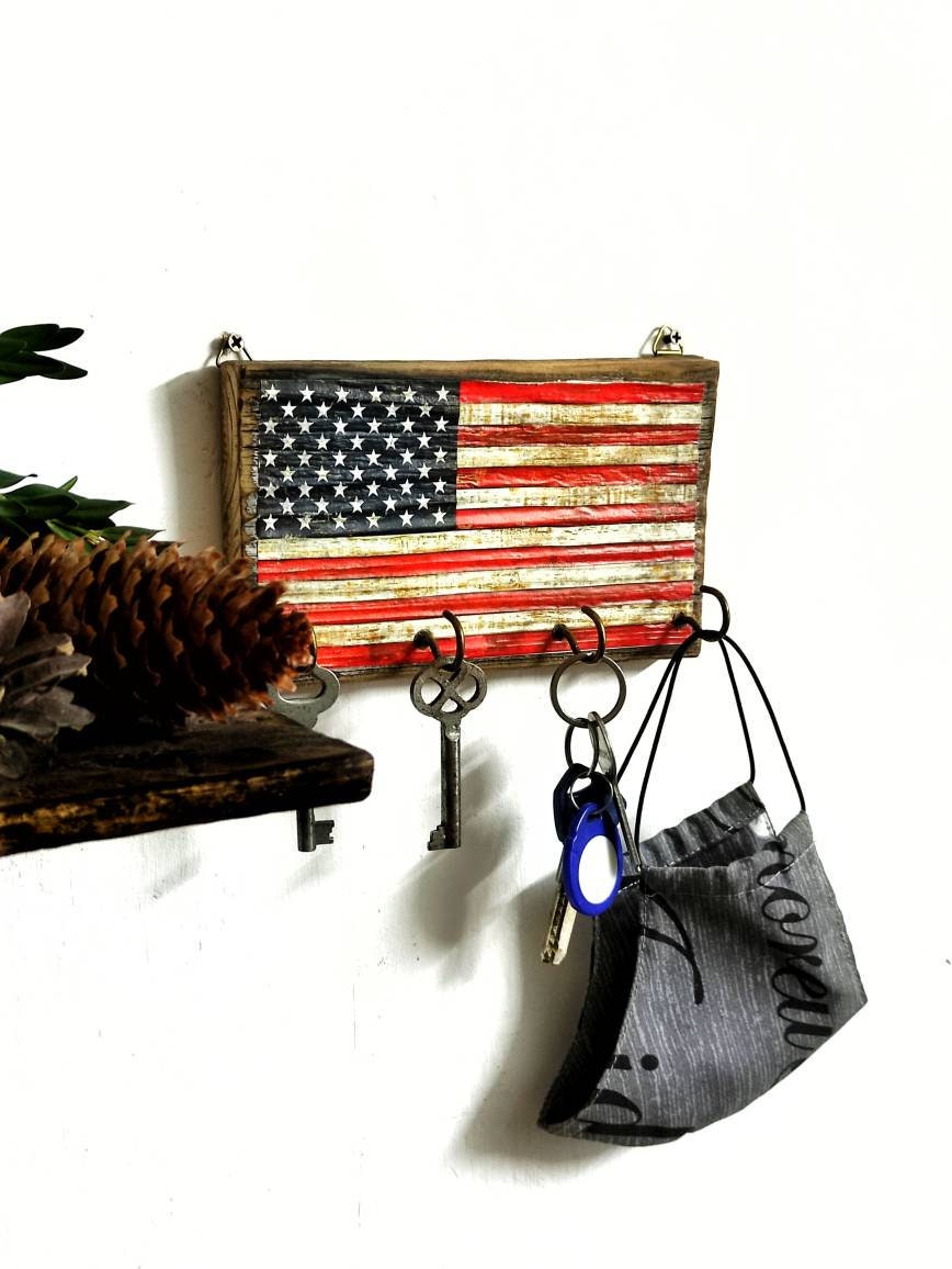 Small Wooden Key Holder for a Wall With American Flag From - Etsy