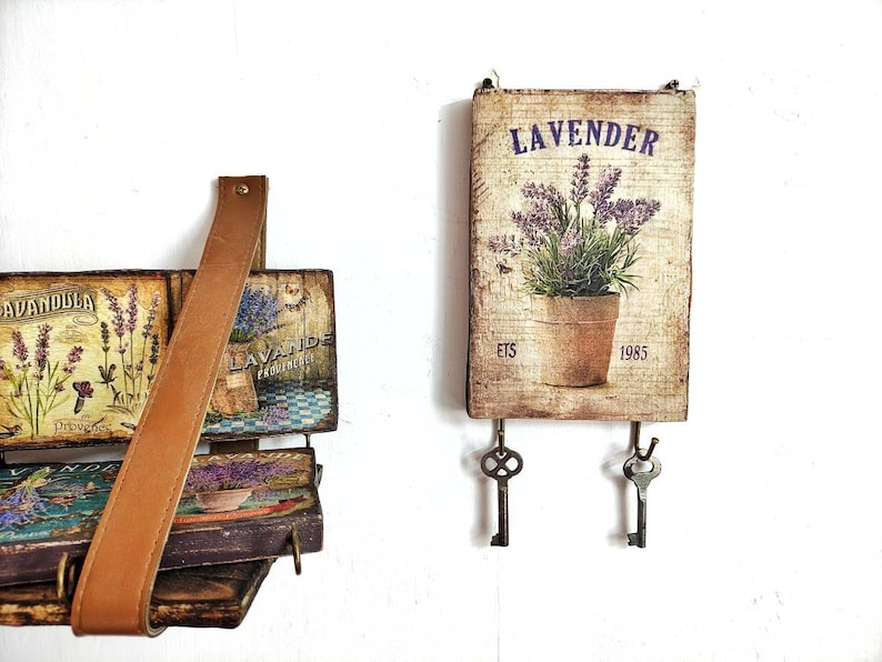 Wooden Key Holder for a Wall With Lavender in Vintage Style, Rustic Key ...