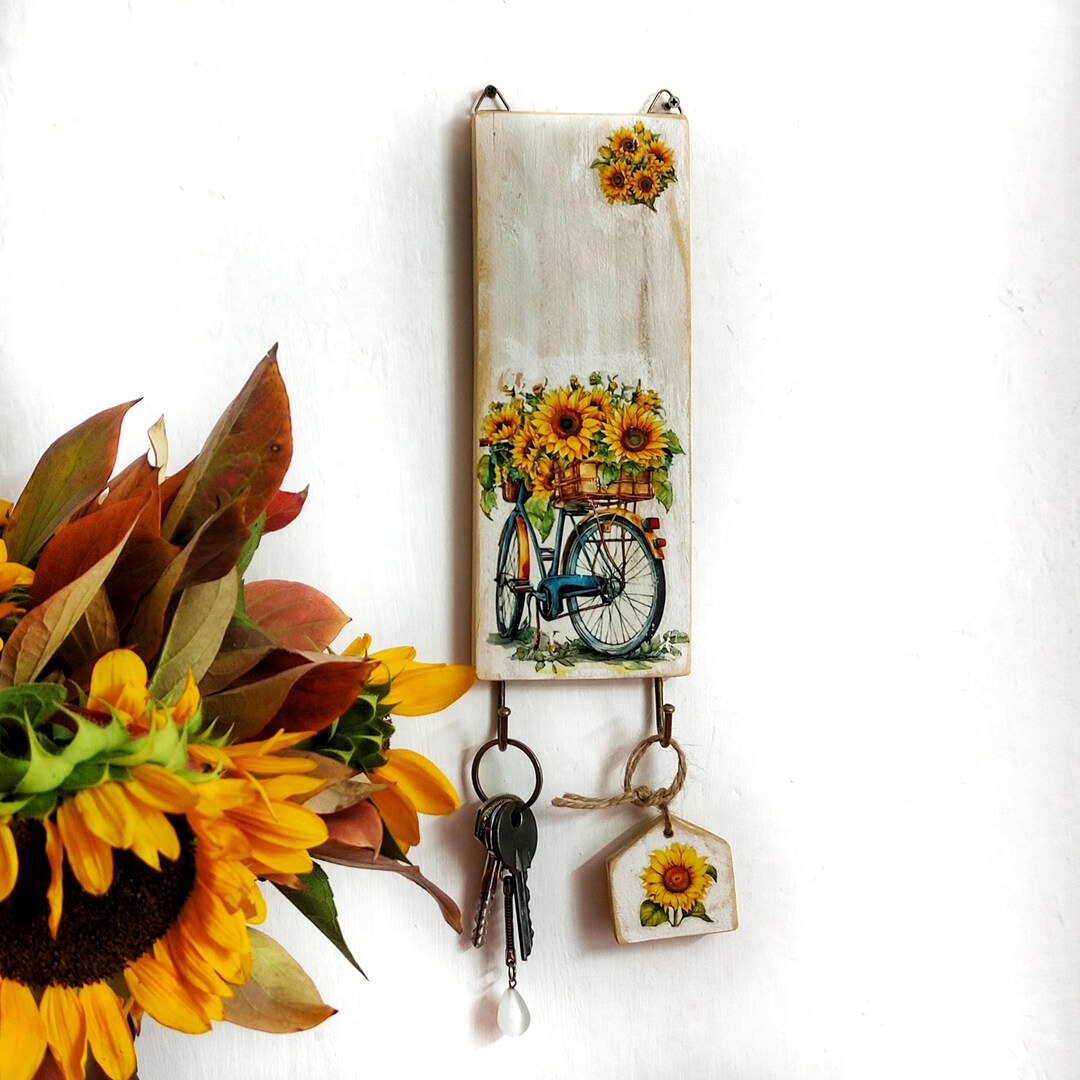 Vertical Wooden Key Holder for a Wall With Sunflowers, Recycling Wood ...