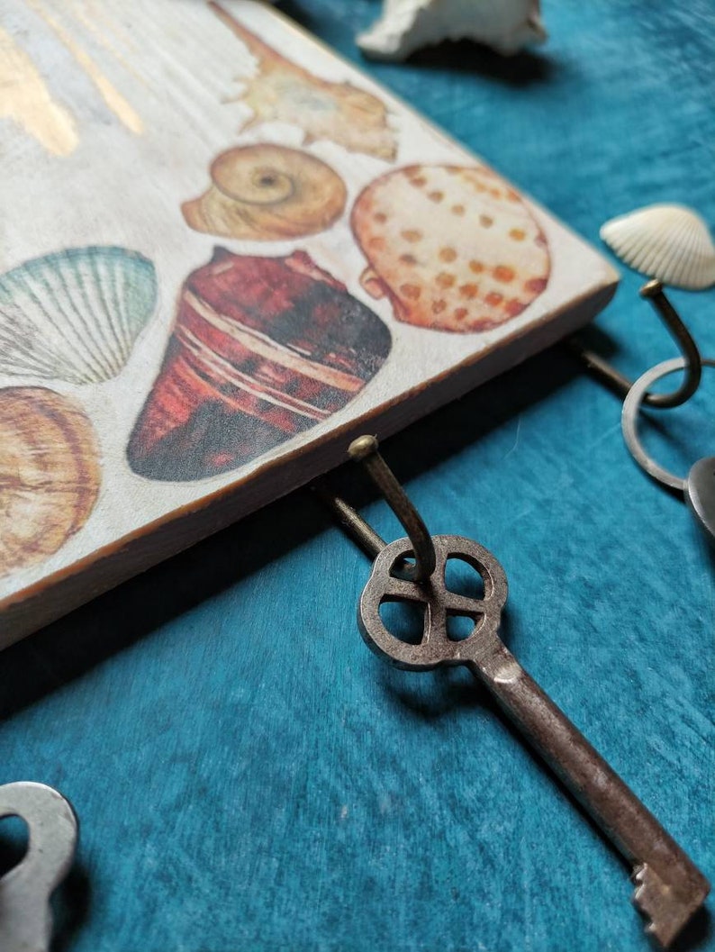 Wooden Key Holder for a Wall With Sea Shell, Sea Cottage Key Rack ...