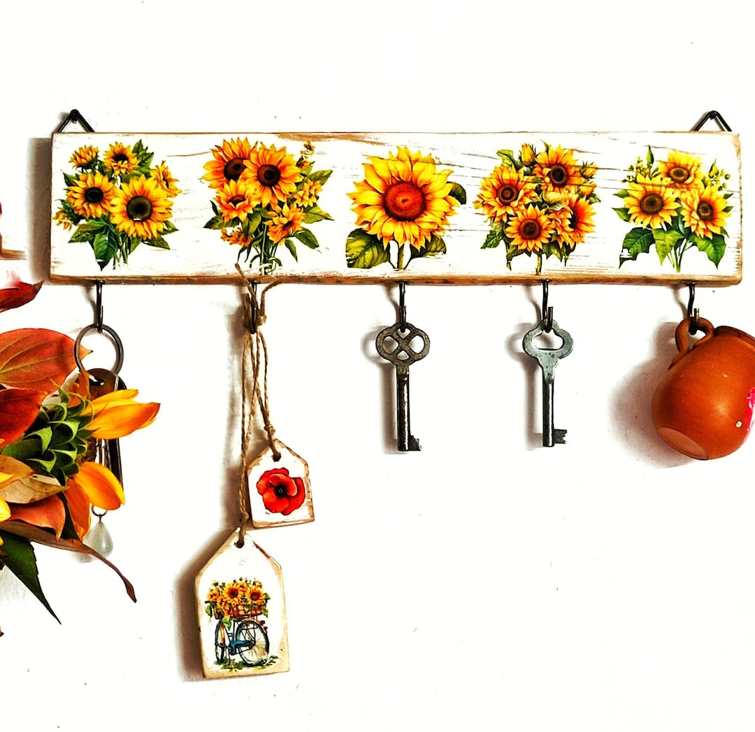Wooden Key Holder for a Wall With Sunflowers, Recycling Wood Floral ...