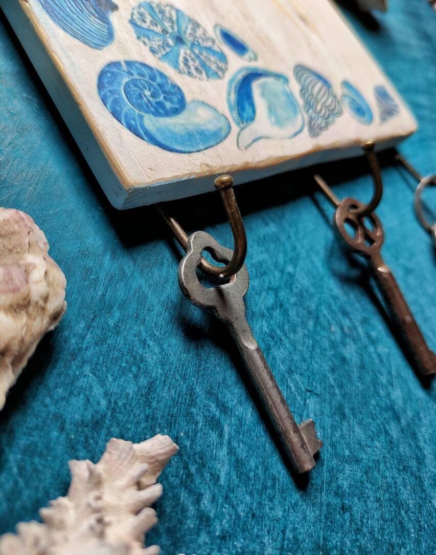 Wooden Key Holder for a Wall With Sea Shell, Sea Cottage Key Rack ...
