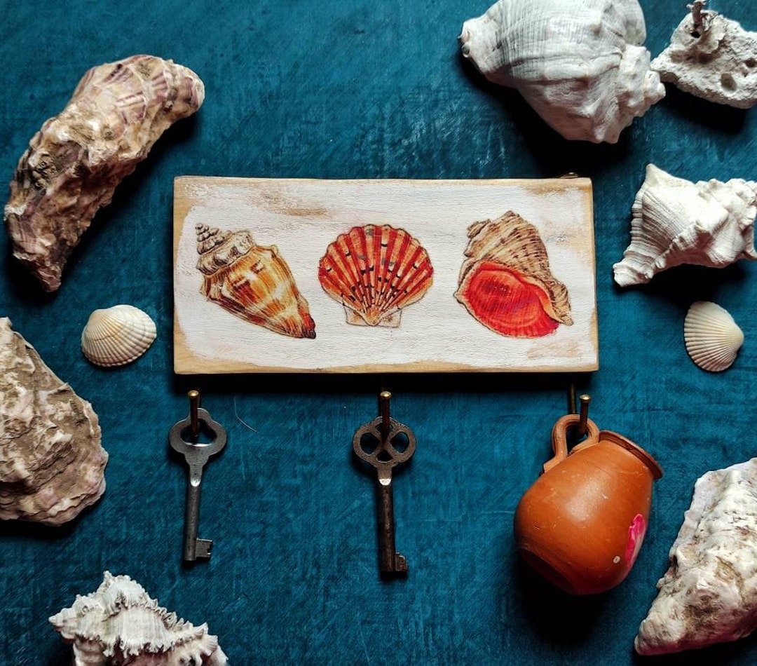 Small Wooden Key Holder for a Wall With Sea Shell, Sea Cottage Key Rack ...
