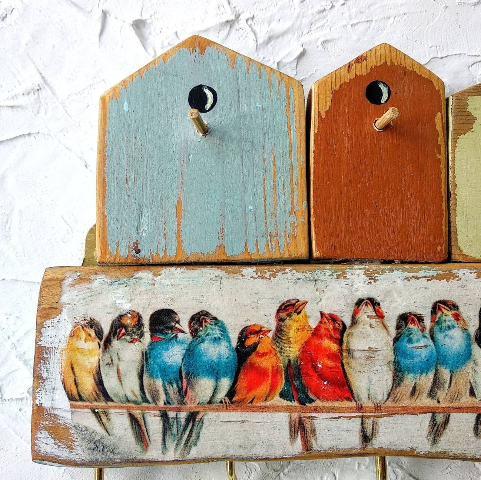 Key Holder for a Wall With Small Houses and Birds, Wall Organizer With ...