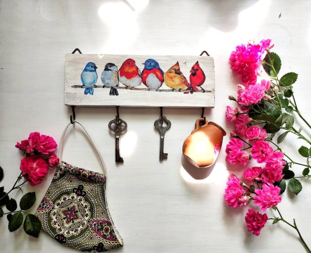 Key Holder for a Wall With Garden Birds, Birds Decorations, Wooden ...