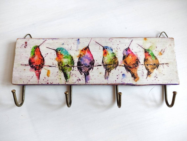 Key Holder for a Wall With Hummingbird, Birds Decorations, Wooden Birds ...