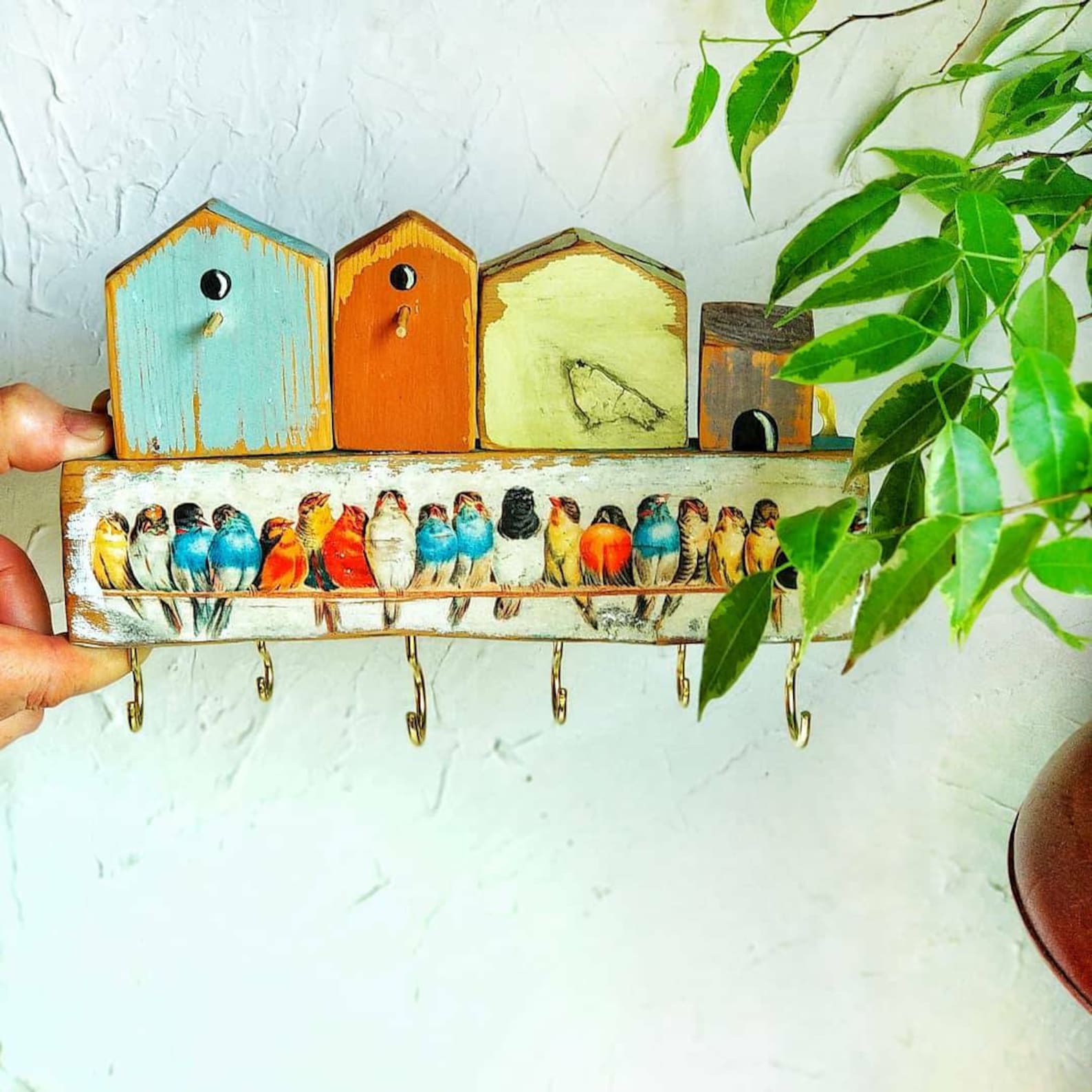 Key Holder for a Wall With Small Houses and Birds, Wall Organizer With ...
