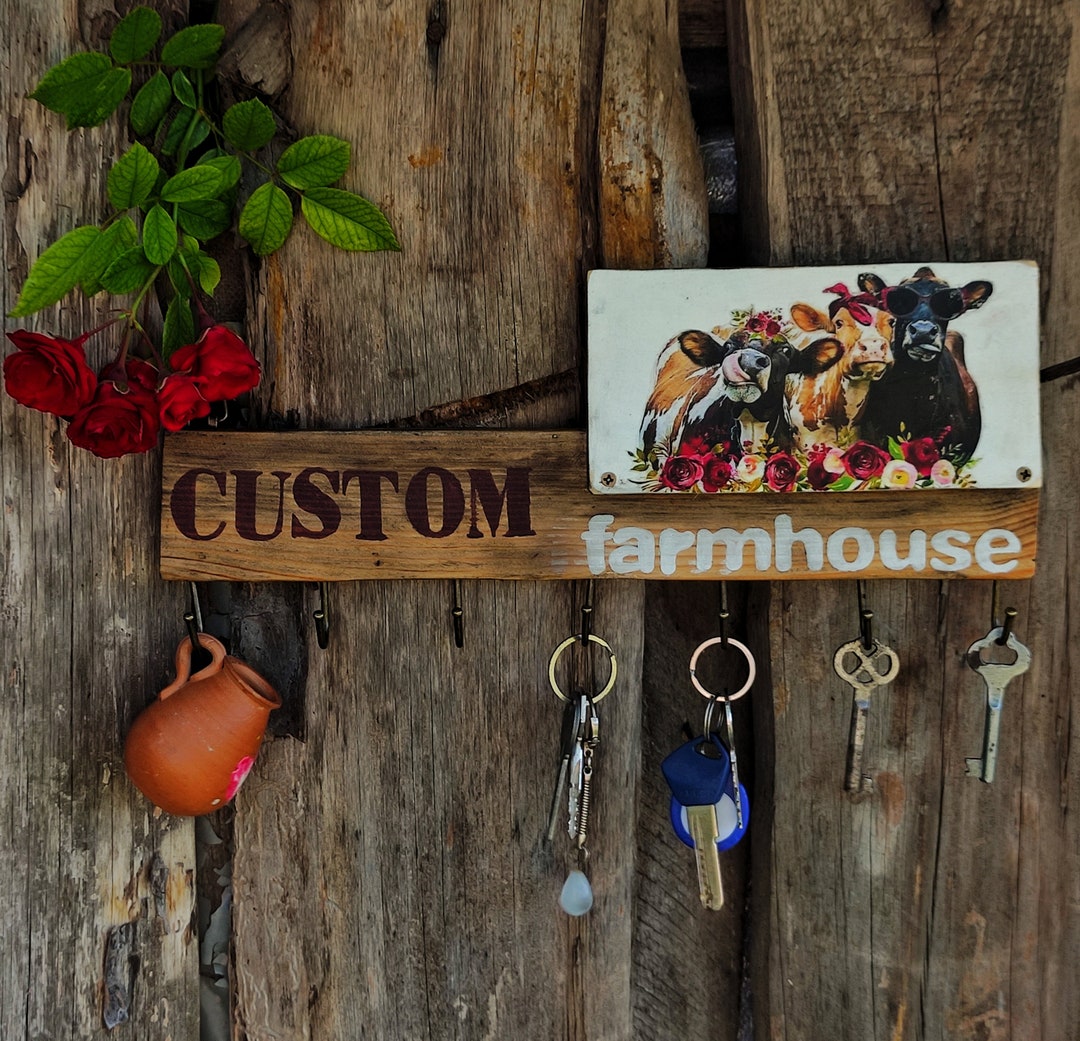 Personalized Farmhouse Key Holder for a Wall With Cow's, Wall Entryway ...
