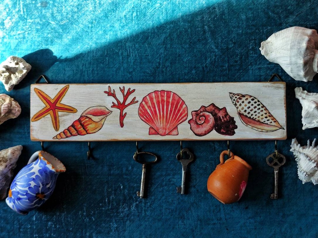 Long Wooden Key Holder for a Wall With Sea Shells, Sea Cottage Key Rack ...