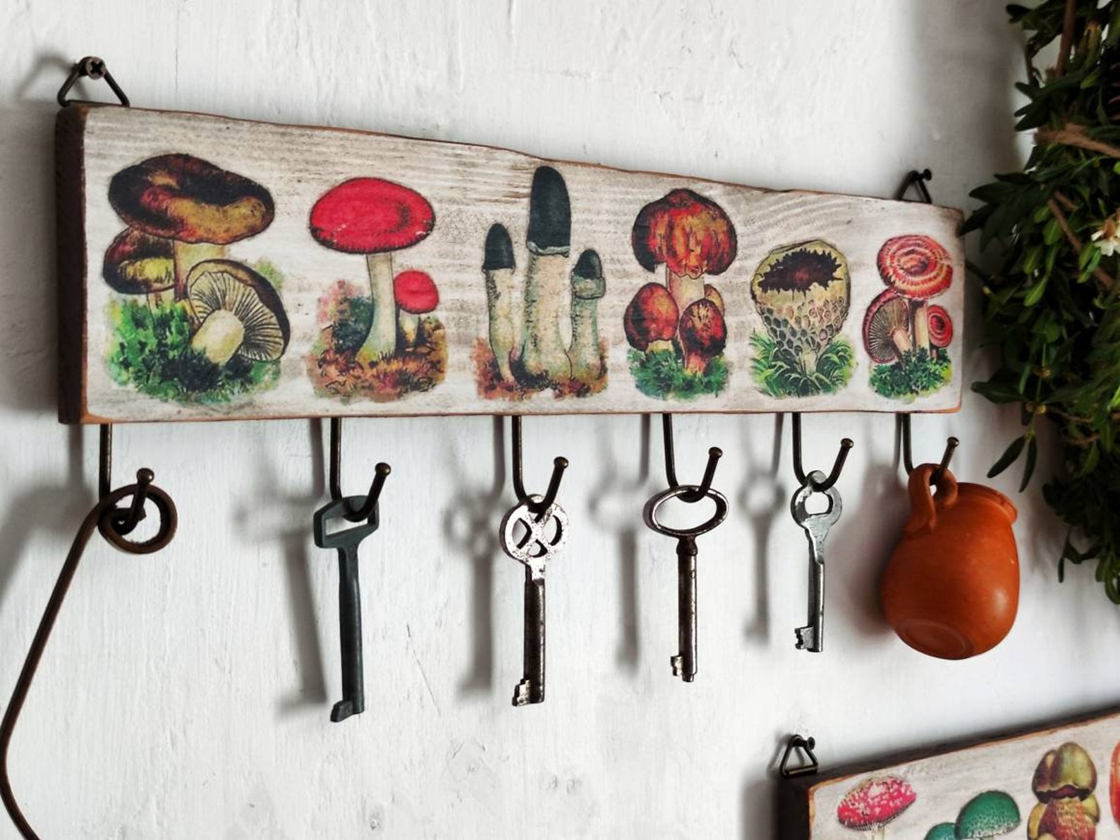 Custom Wooden Key Holder for a Wall With Mushrooms, Wall Organizer for ...