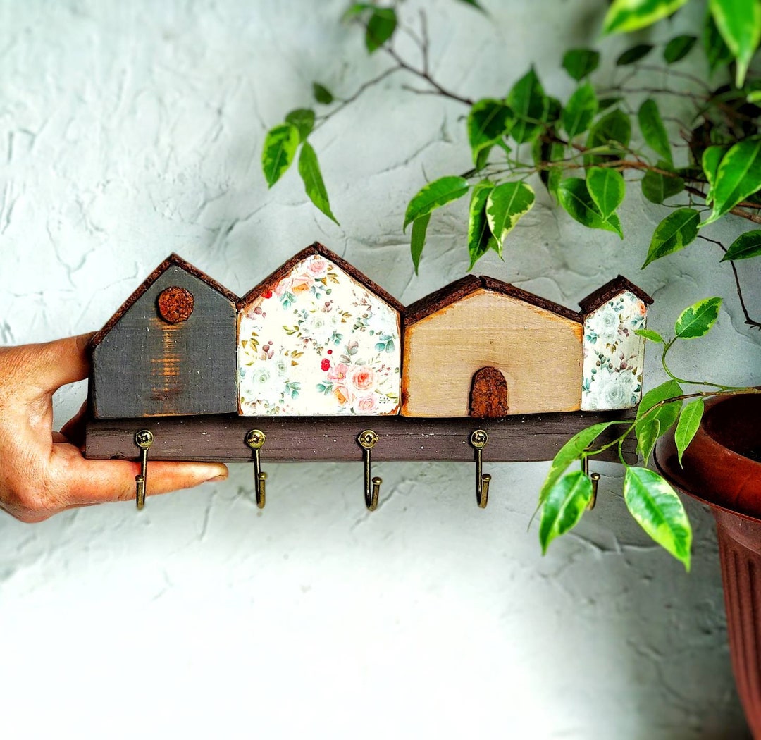 Wooden Key Holder for Wall With Small Houses, Entryway Wall Organizer ...
