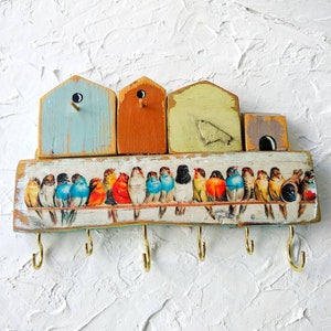 Key Holder for a Wall With Small Houses and Birds, Wall Organizer With ...
