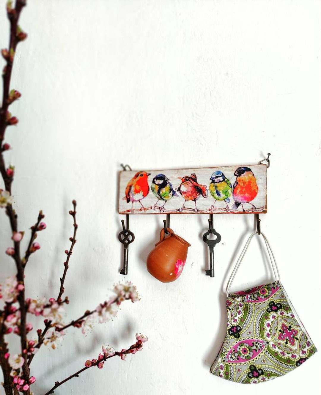 Key Holder for a Wall With Garden Birds, Birds Decorations, Wooden ...