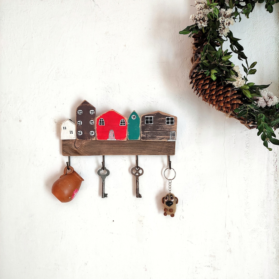 Rustic Wooden Key Holder for Wall With Small Houses, Entryway Wall ...