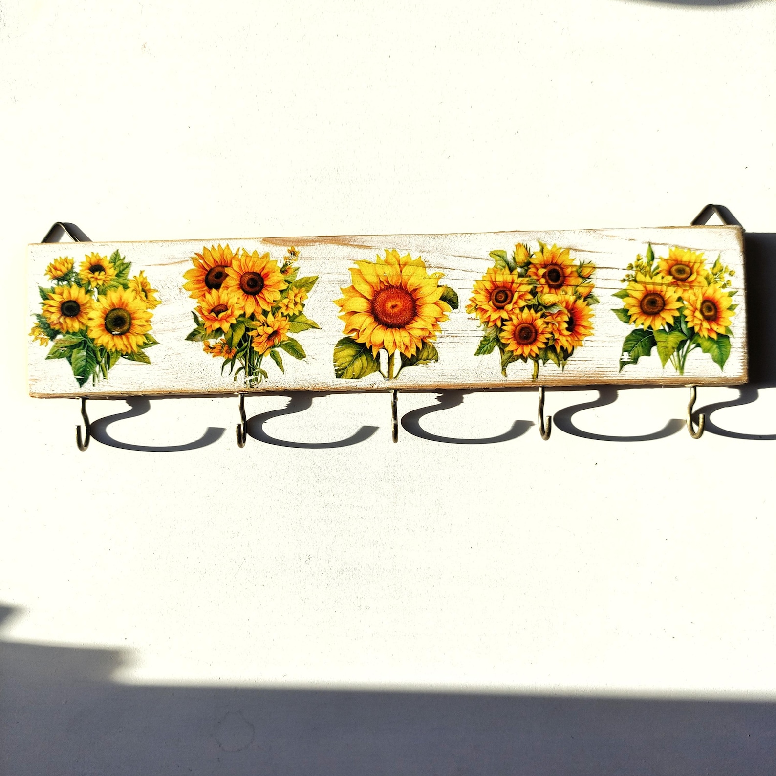 Wooden Key Holder for a Wall With Sunflowers, Recycling Wood Floral ...
