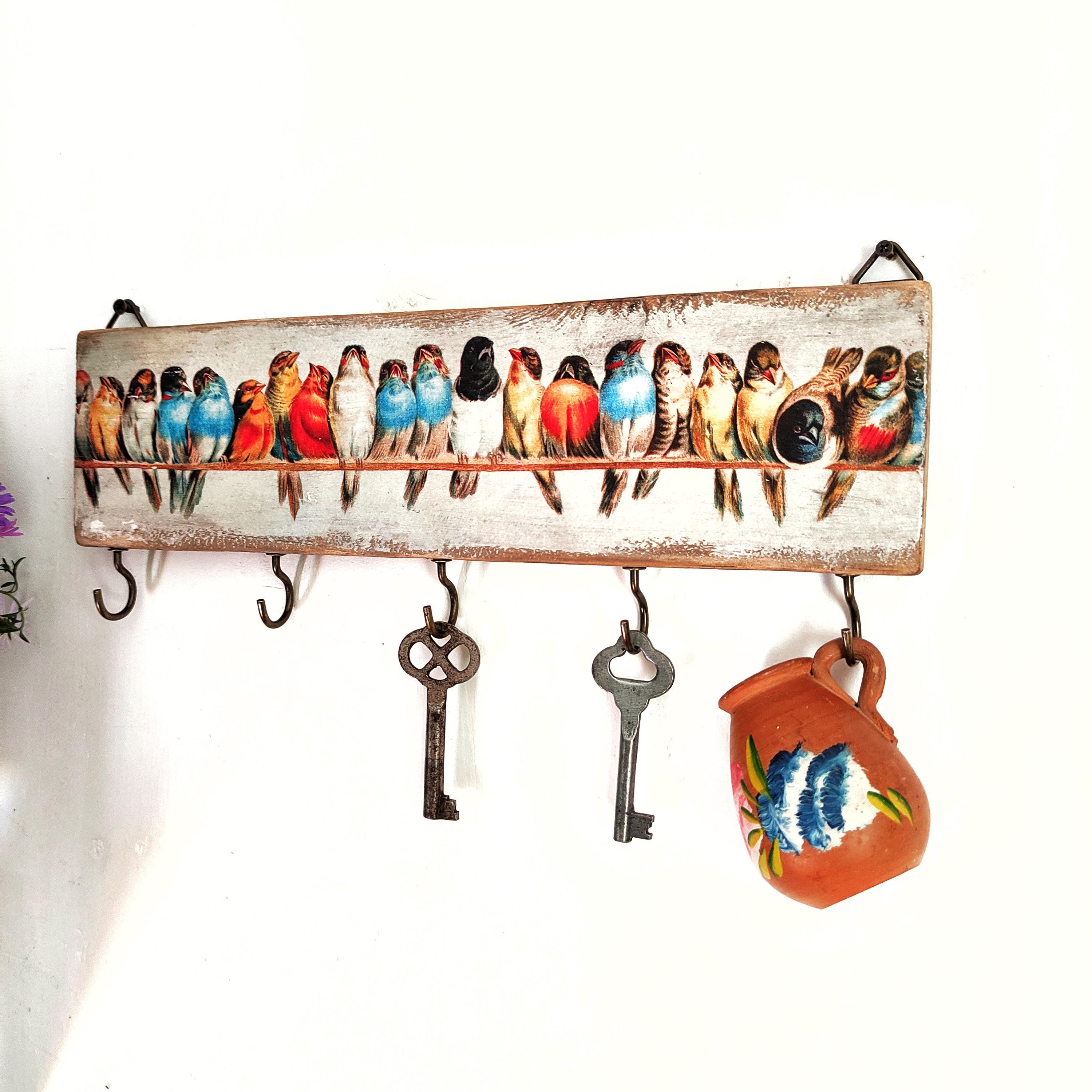 Long Wooden Key Holder for a Wall With Birds, Wall Organizer With Birds ...