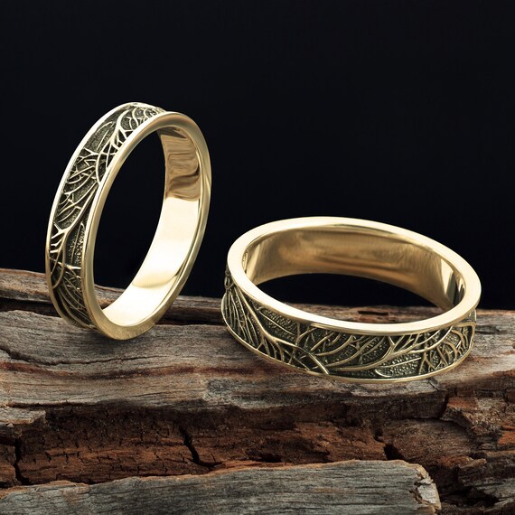 14k Solid Gold Tree Twig Matching Wedding Bands Forest | Etsy