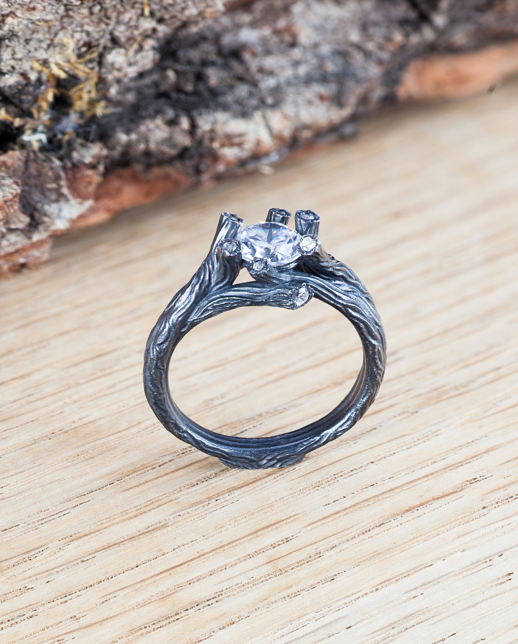 Elven rustic pagan druid cz engagement ring Unique branch | Etsy