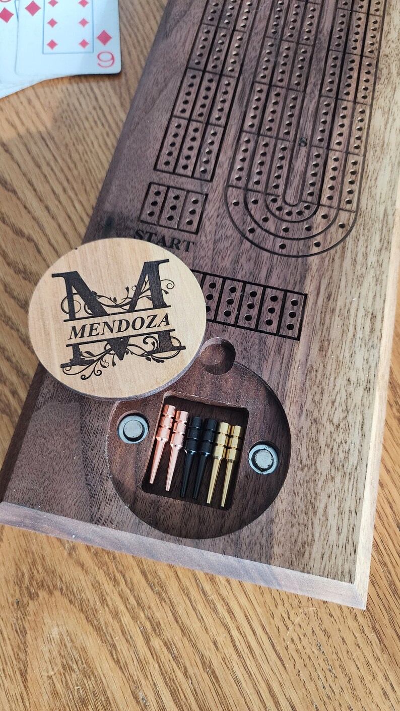Solid, Black Walnut Cribbage Board With Personalized Peg Storage ...