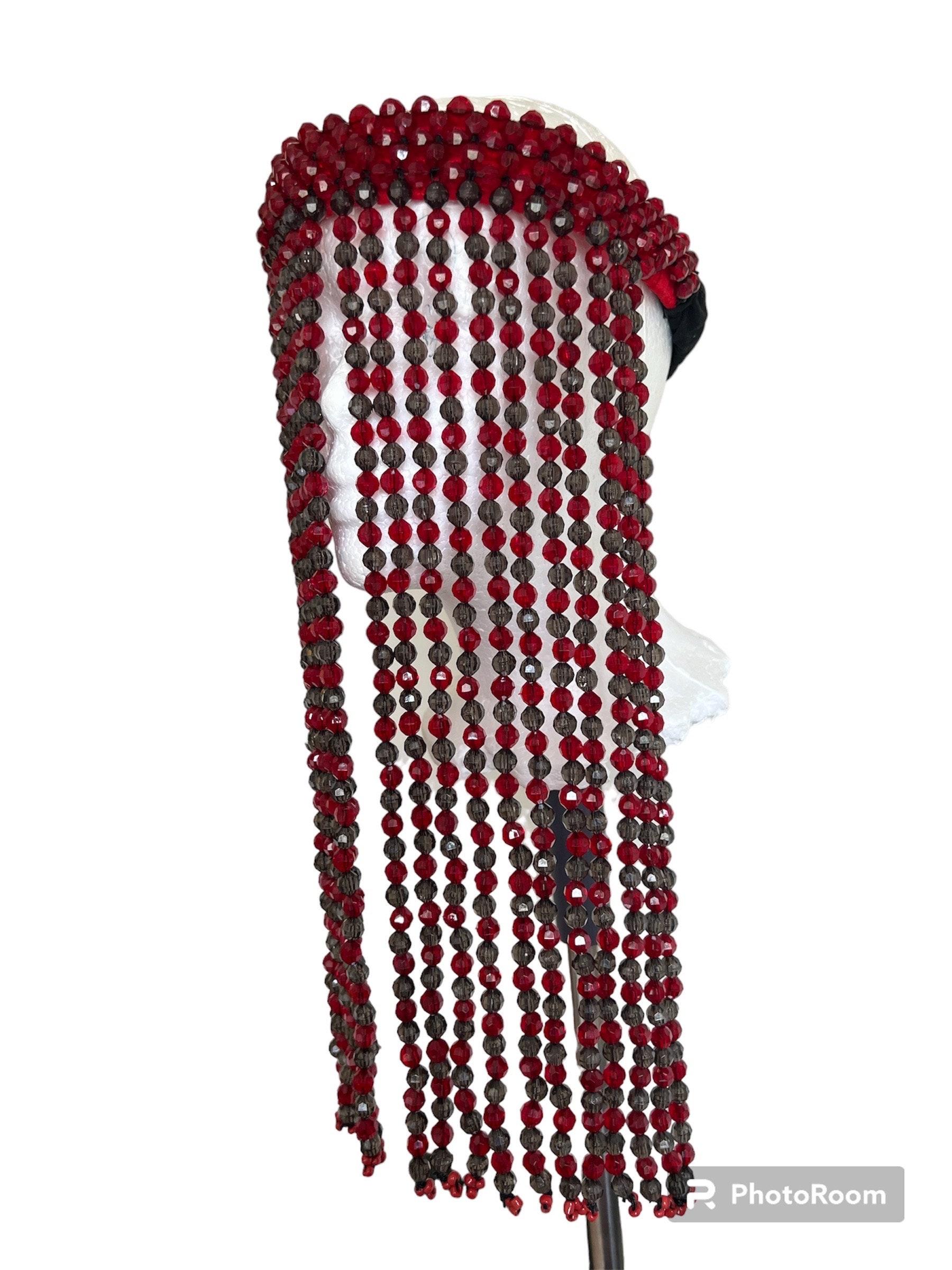 Black Red Beaded Eshu Face Mask Veil Yoruba African Style- Bead Drop ...