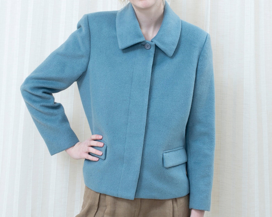 80s Powder Blue Jacket Medium Light Blue Fleece Button Down Coat Pale ...