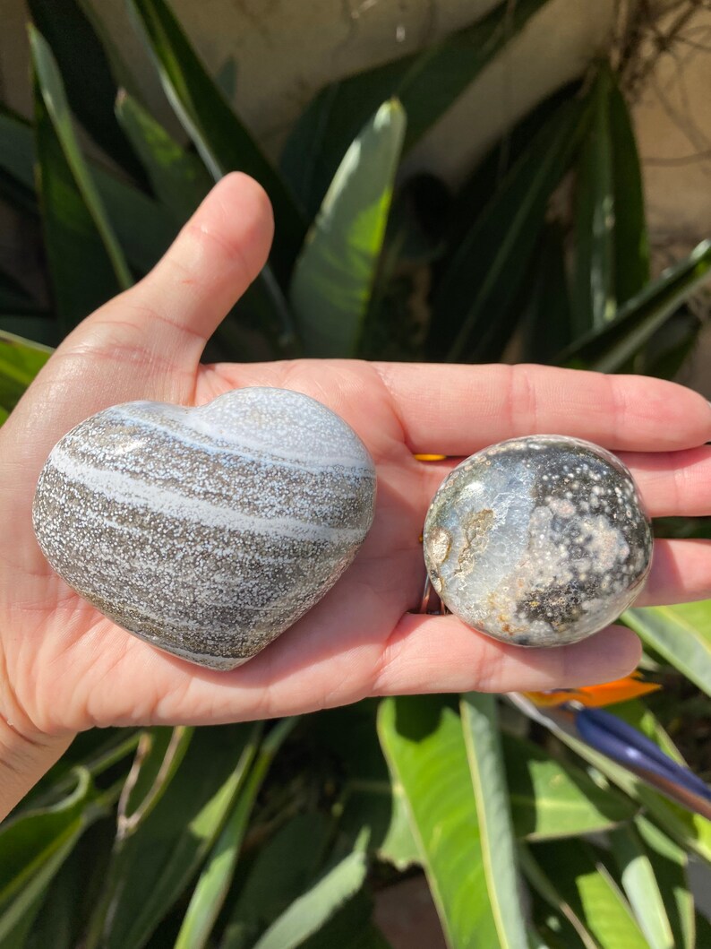 Translucent Orbicular Jasper Heart and Palmstone Galet With - Etsy